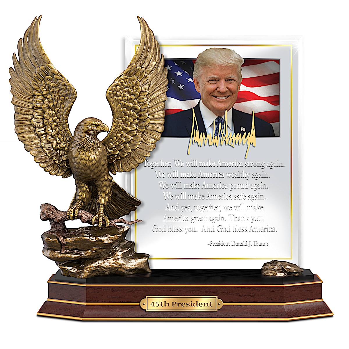 Donald Trump Sculpture – Hand-Cast Bronze Eagle And Glass Quote Display