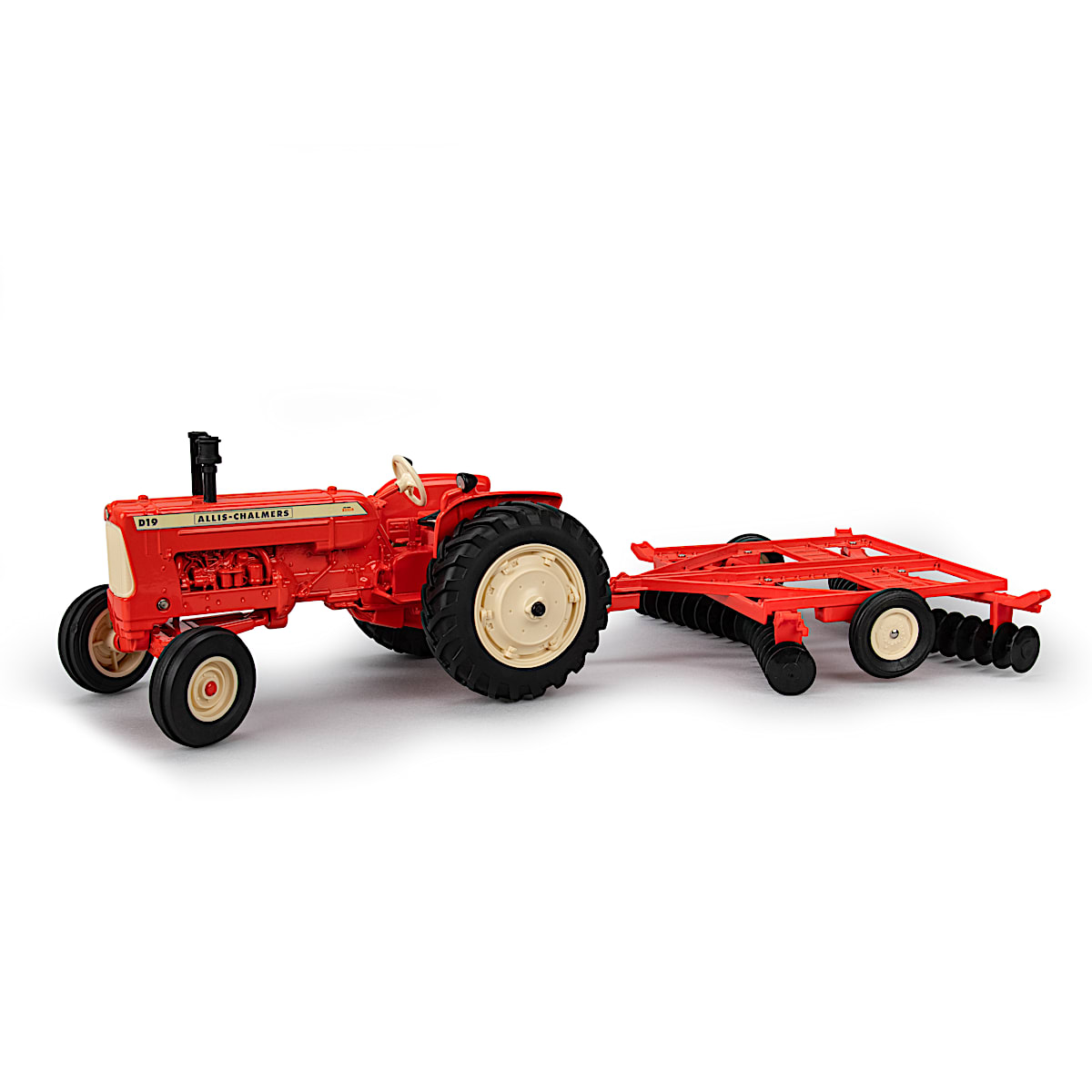 Allis-Chalmers D19 1:16-Scale Diecast Tractor With Disk Harrow Featuring A High-Gloss Orange Finish